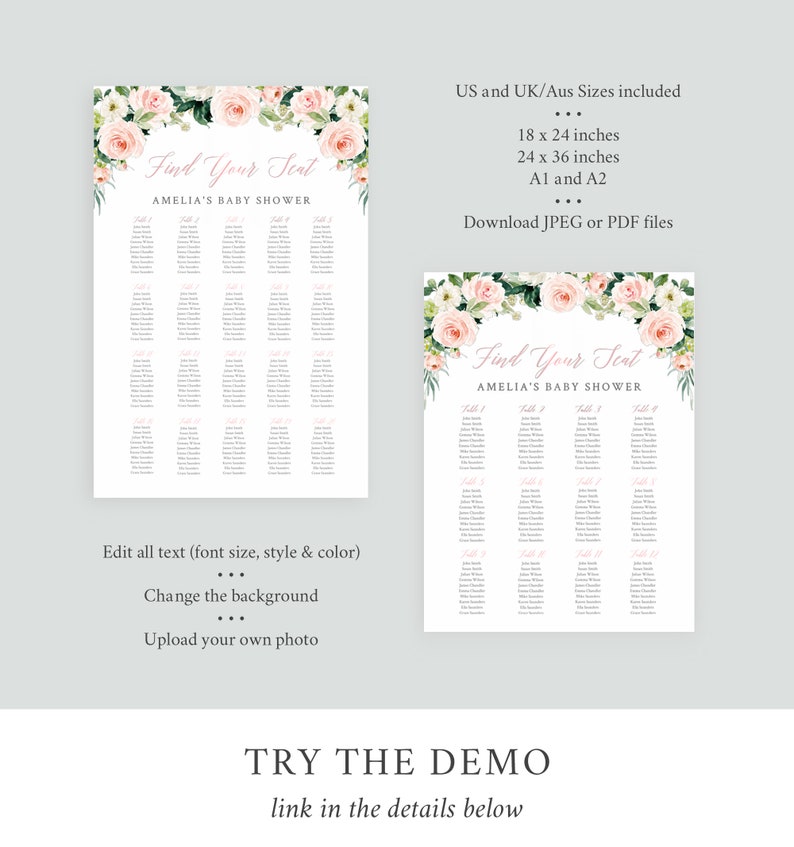 Blush Pink Editable Seating Chart Printable Table Plan - Etsy