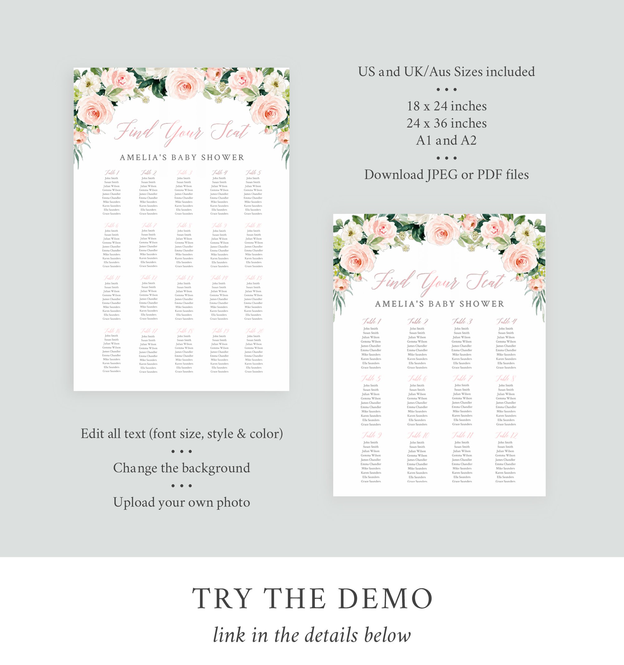 Blush Pink Editable Seating Chart Printable Table Plan - Etsy