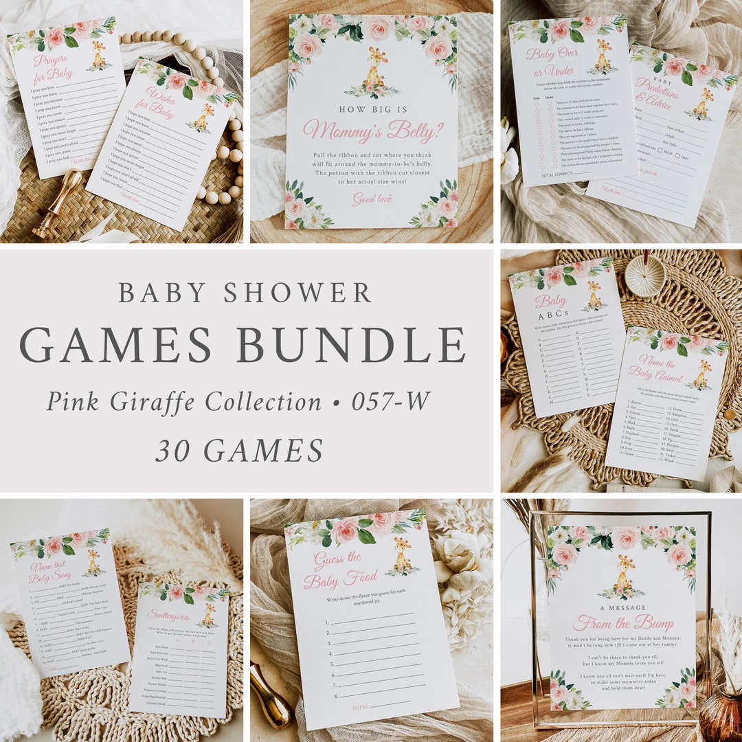 Pink Giraffe Baby Shower Games Bundle Girl, Floral Baby Shower Games ...
