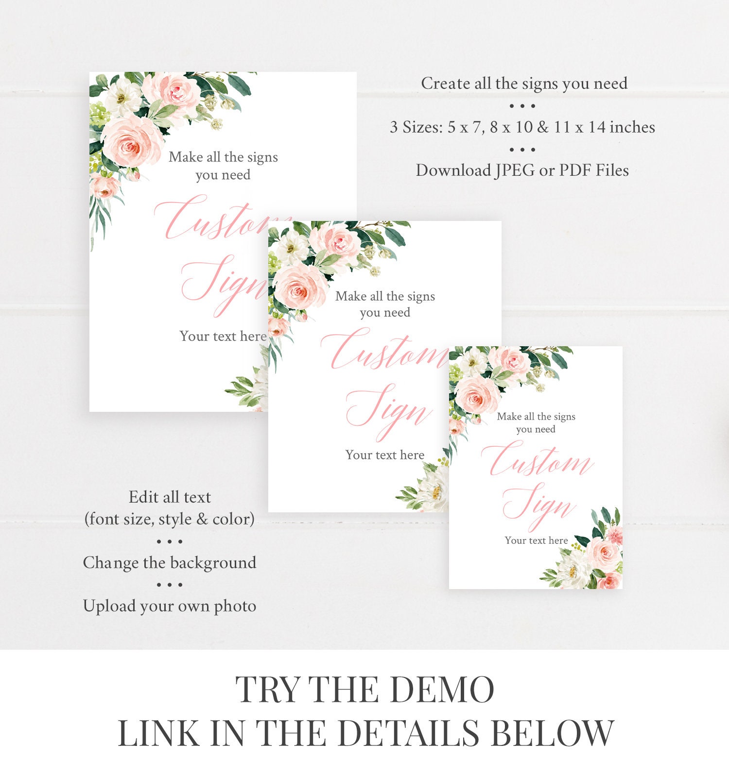 Blush Pink Greenery Floral Editable Custom Sign, Pink Baby Bridal ...