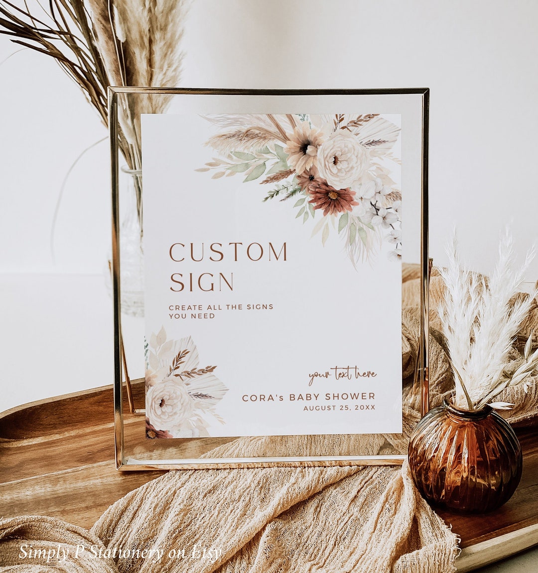 Boho Custom Baby Shower Sign, Pampas Grass Sign, Terracotta Bohemian ...