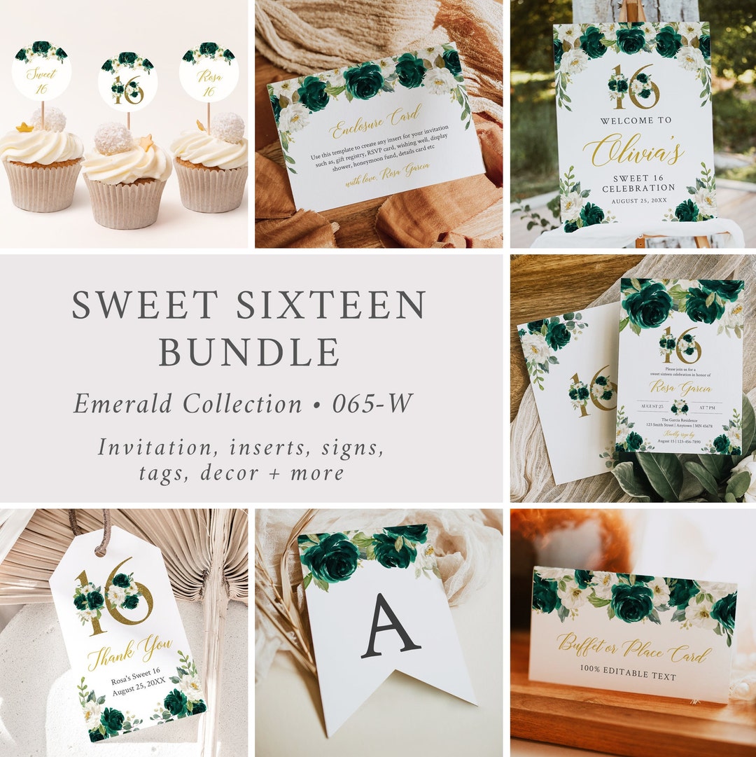 Emerald Green Sweet 16 Bundle Editable Sweet Sixteen Pack, Sweet 16 ...
