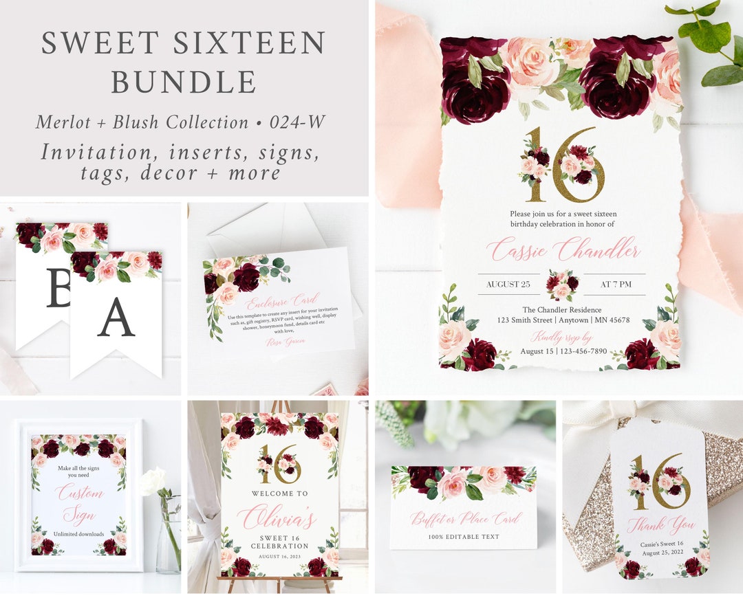 Burgundy Blush Sweet Sixteen Bundle, Sweet 16 Invitation Set, Sweet 16 ...