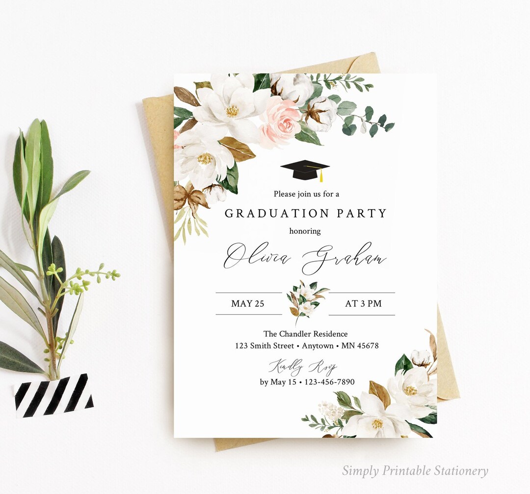 Magnolia Floral Editable Graduation Party Invitation, Printable Invite ...
