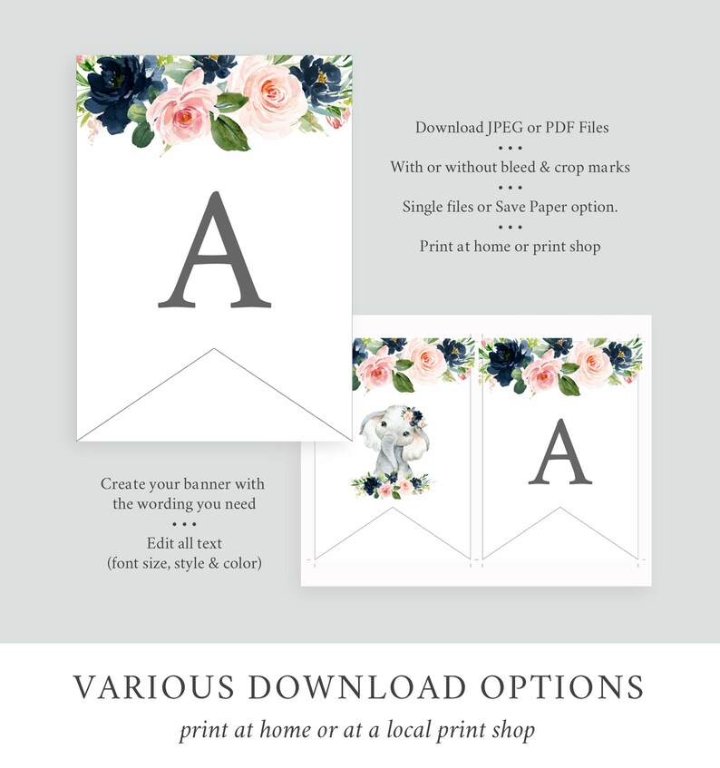Navy Pink Floral Elephant Editable Bunting Blush DIY Banner - Etsy