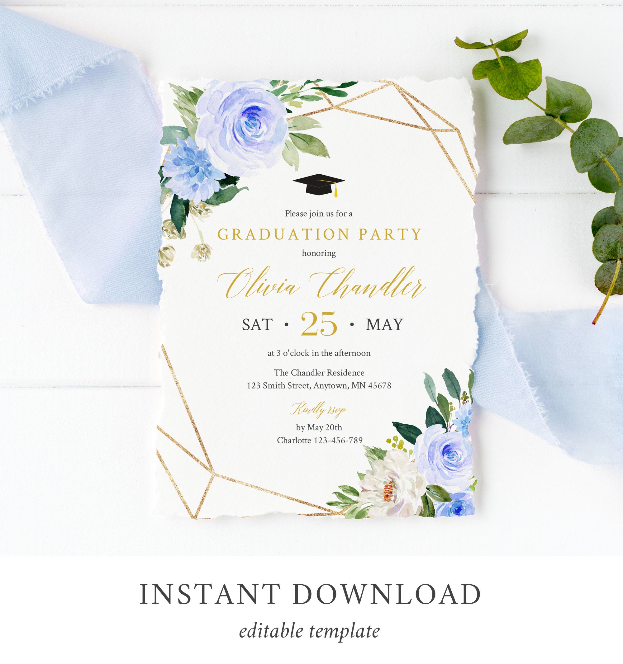 Blue Gold Geometric Editable Graduation Party Invitation Blue - Etsy