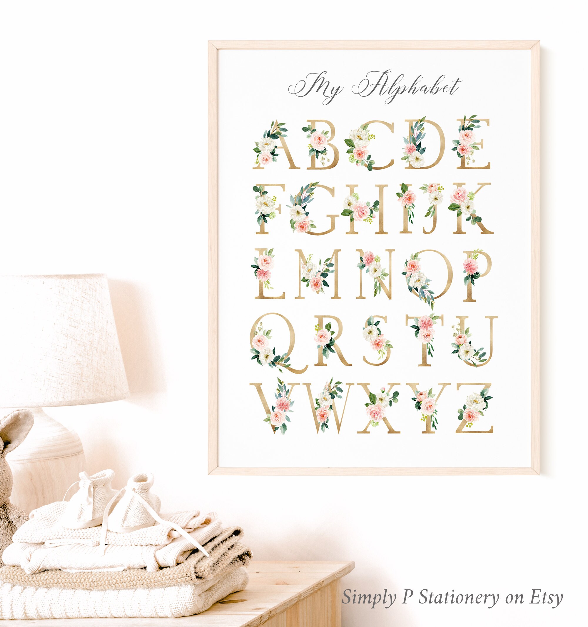 Blush Gold Floral Alphabet Numbers Wall Art Printable Play | Etsy
