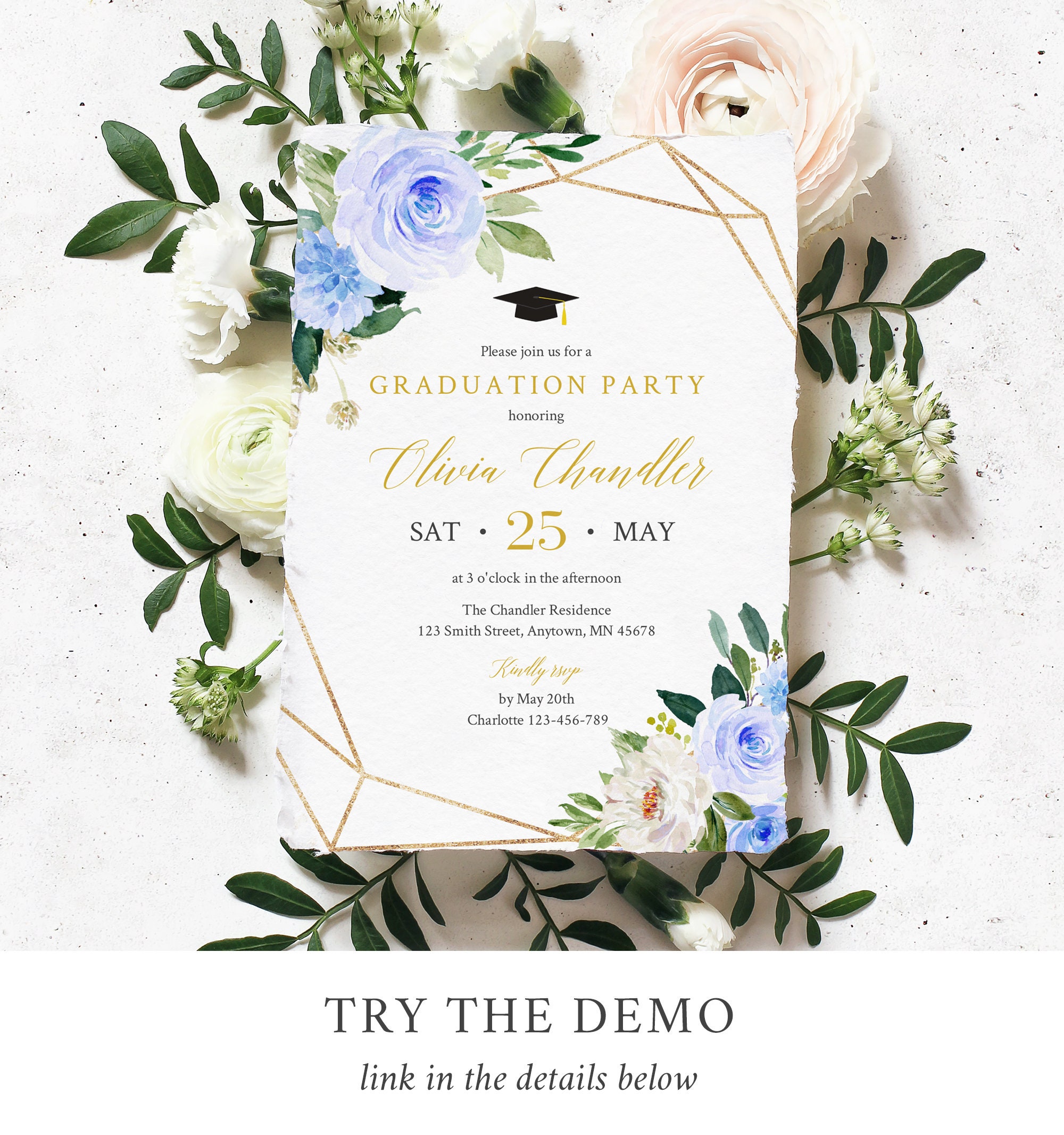 Blue Gold Geometric Editable Graduation Party Invitation Blue - Etsy