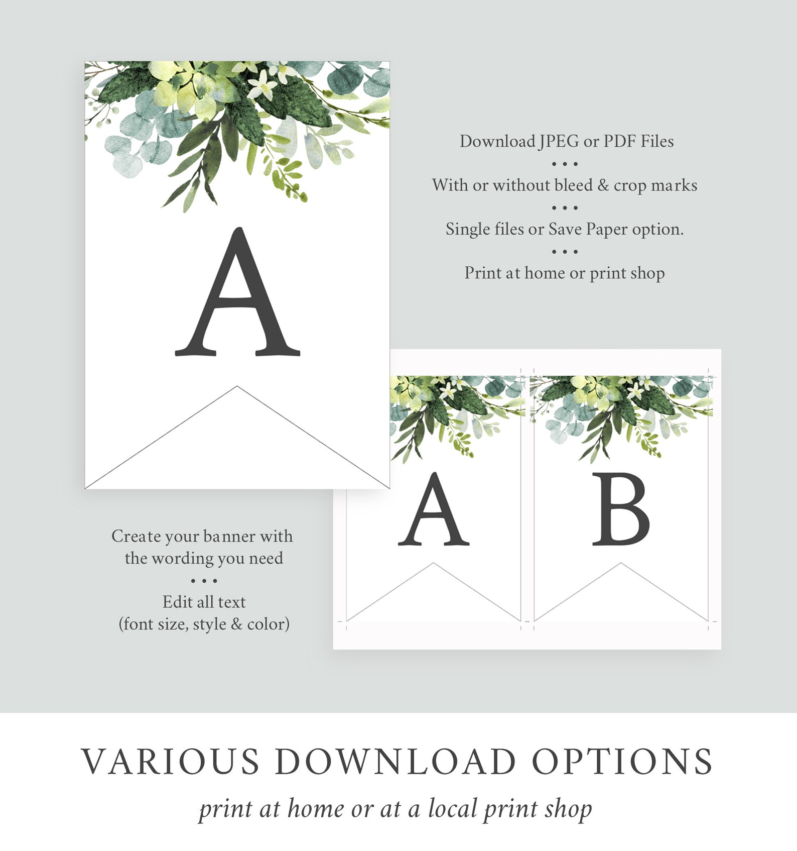 Greenery Editable Bunting, Foliage DIY Banner Template, Botanical ...