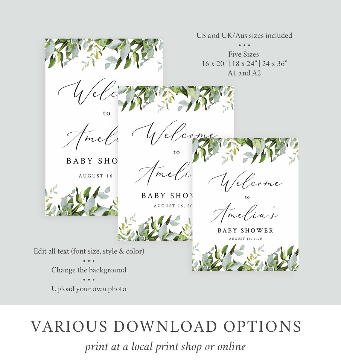 Botanical Editable Welcome Sign Greenery Baby Shower Sign | Etsy