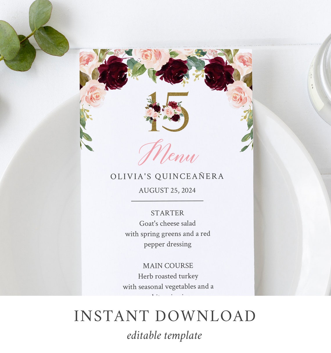 Burgundy Blush Gold Editable Quinceañera Menu Floral Party | Etsy