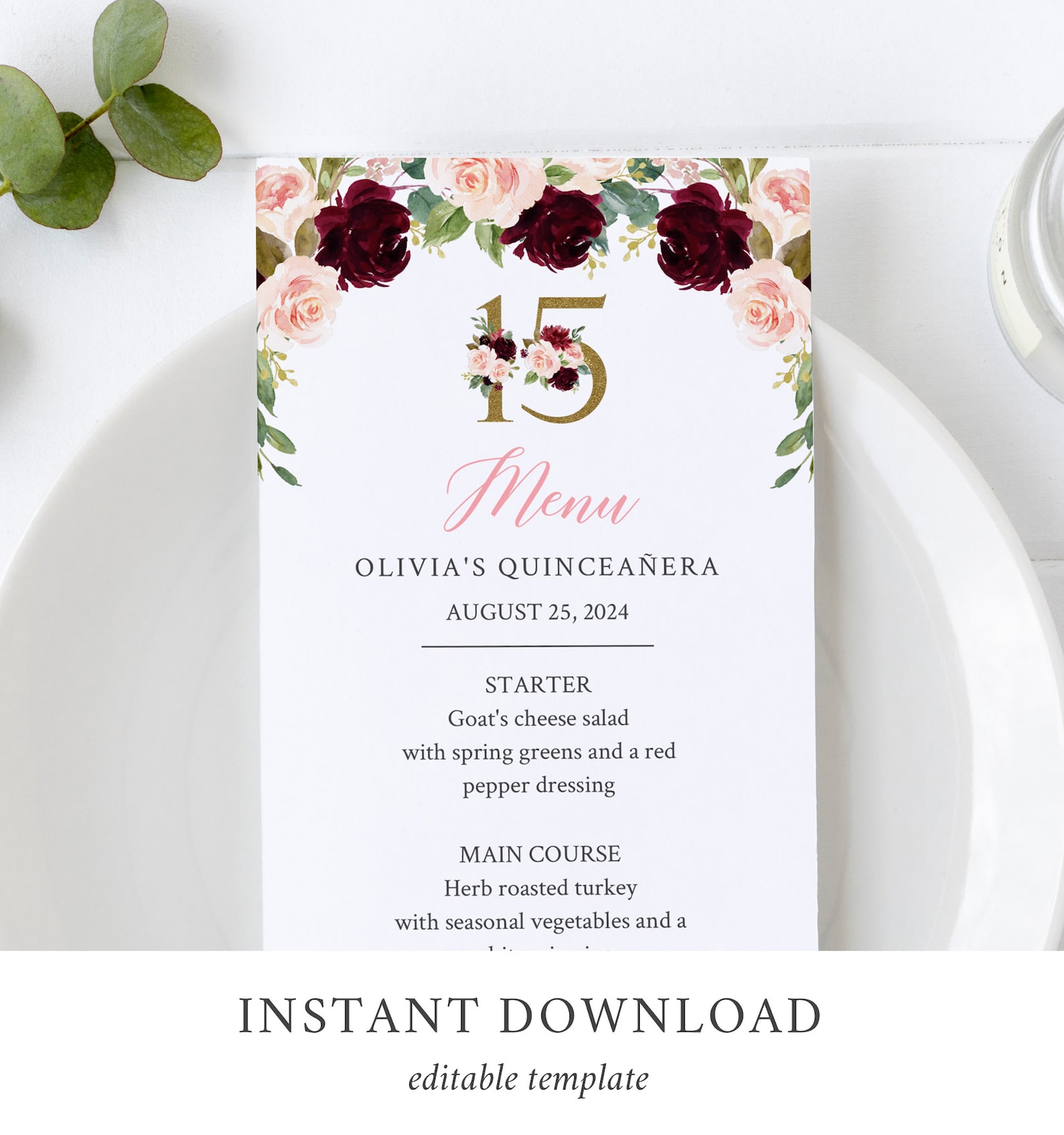 Burgundy Blush Gold Editable Quinceañera Menu, Floral Party Menu ...