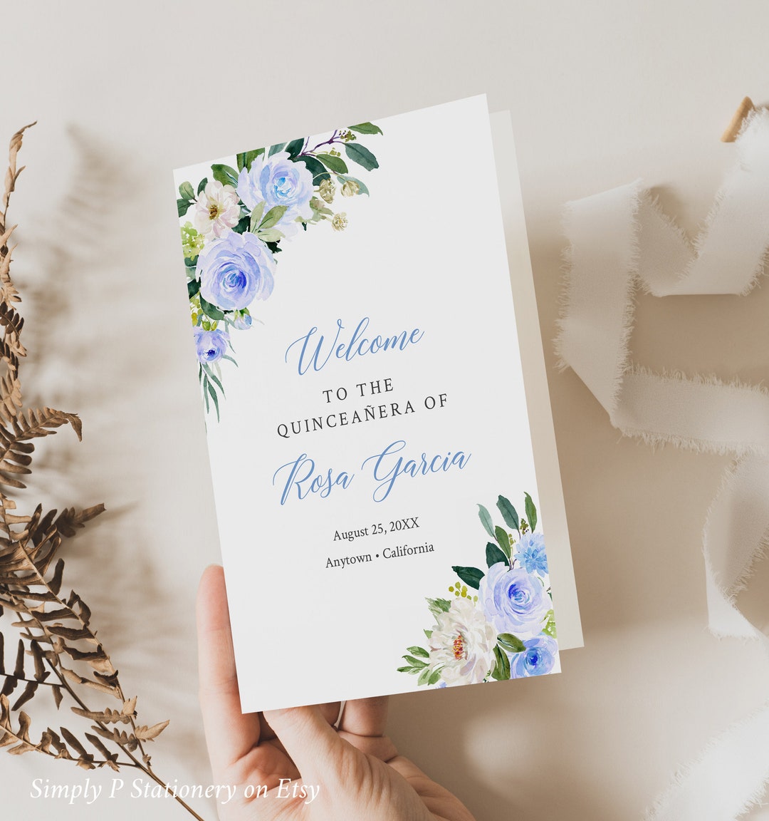 Light Blue Quinceañera Booklet Program Template, Floral Mis Quince Bi ...