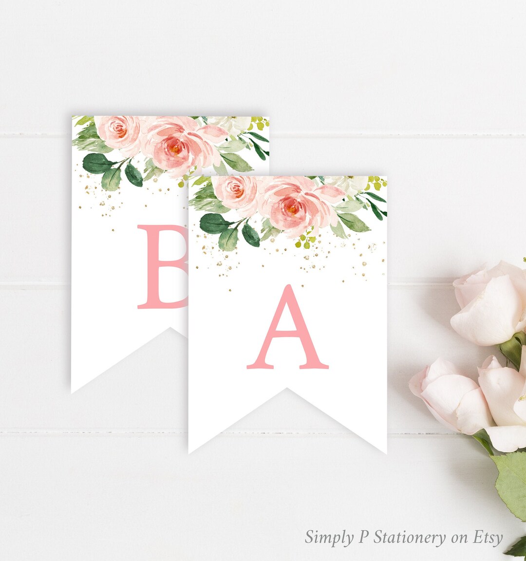 Pink Gold Floral Editable Bunting, Blush DIY Banner Template, Girl ...