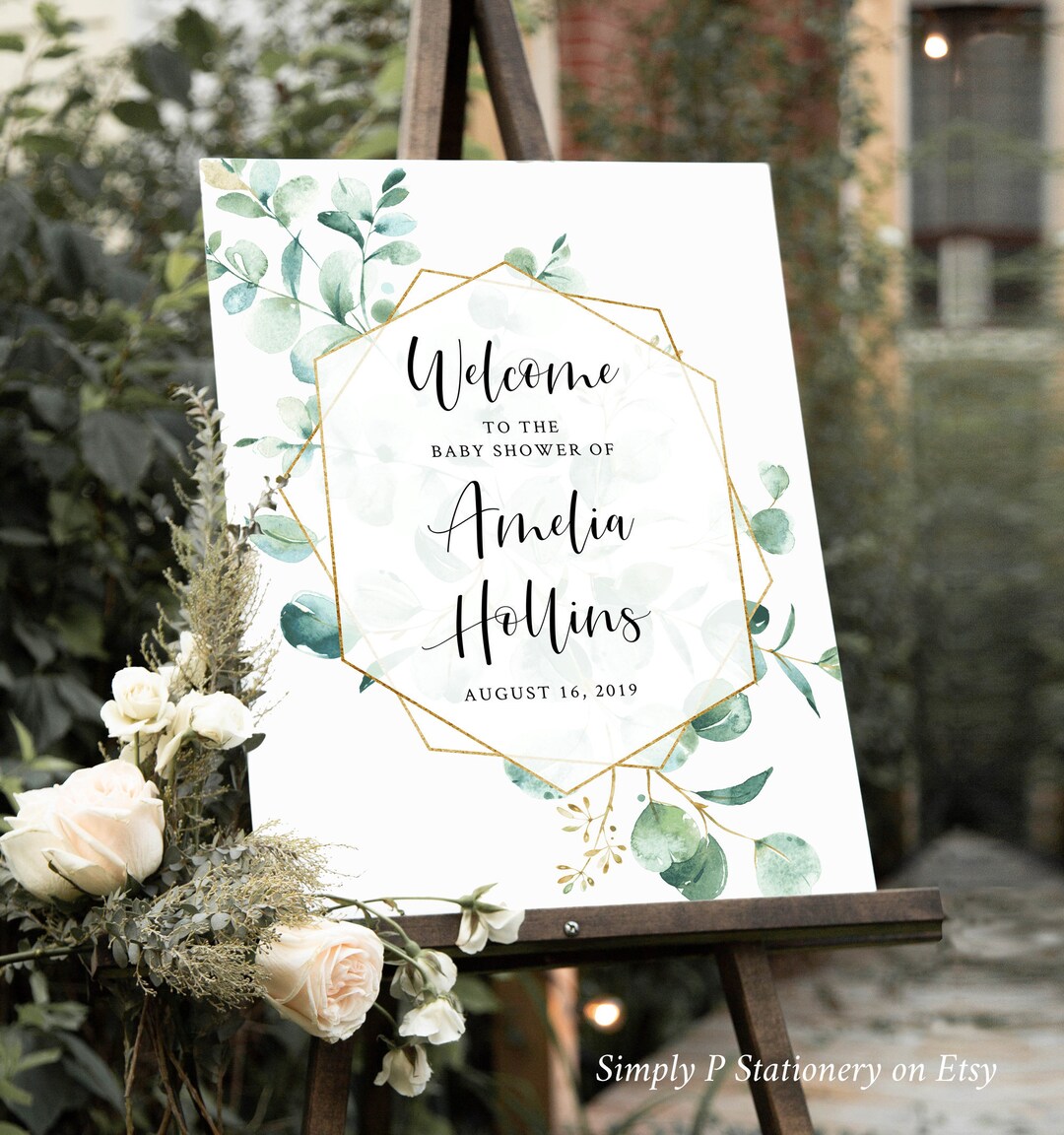 Eucalyptus Geometric Editable Welcome Sign, Greenery Baby Shower Sign ...