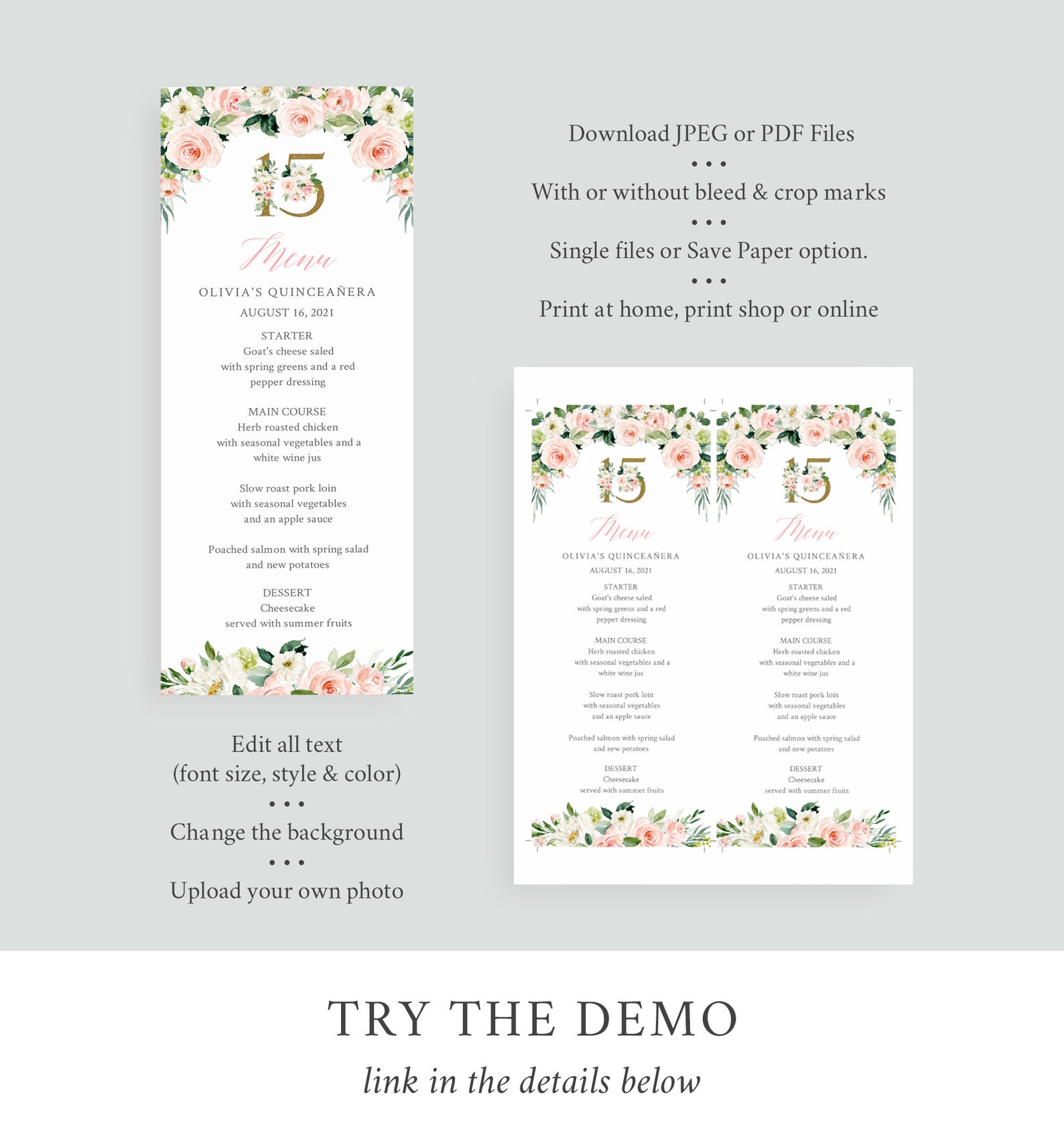 Blush Pink Gold Editable Quinceanera Menu, Floral Party Menu Template ...