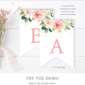 Pink Gold Floral Editable Bunting, Blush DIY Banner Template, Girl ...