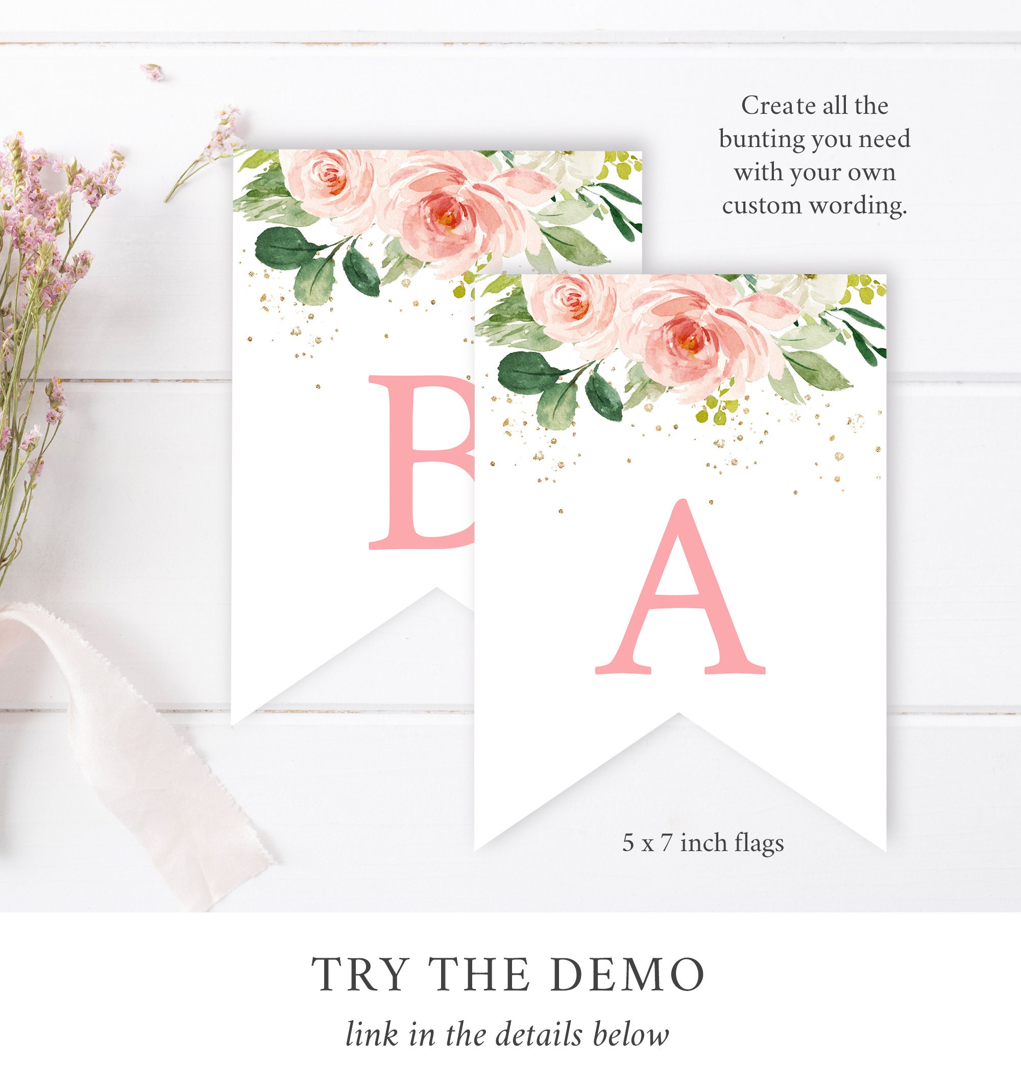 Pink Gold Floral Editable Bunting, Blush DIY Banner Template, Girl ...