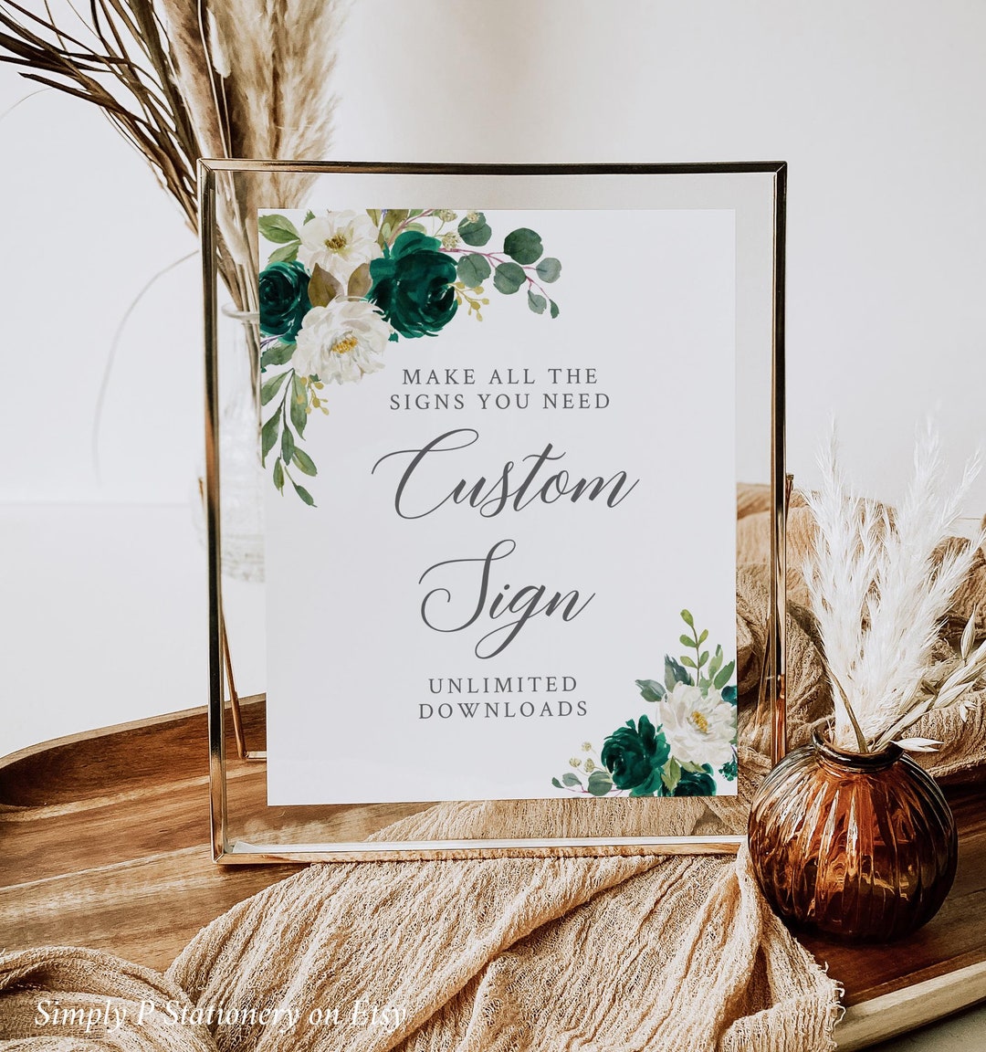 Emerald Silver Editable Custom Sign, Green Floral Quinceañera Birthday ...