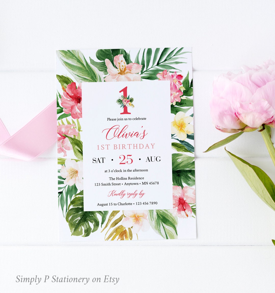 Tropical Floral Frame First Birthday Editable Invitation, Printable ...