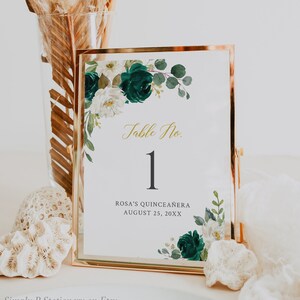Quinceanera Table Numbers, Emerald Gold Quince Table Number Template ...