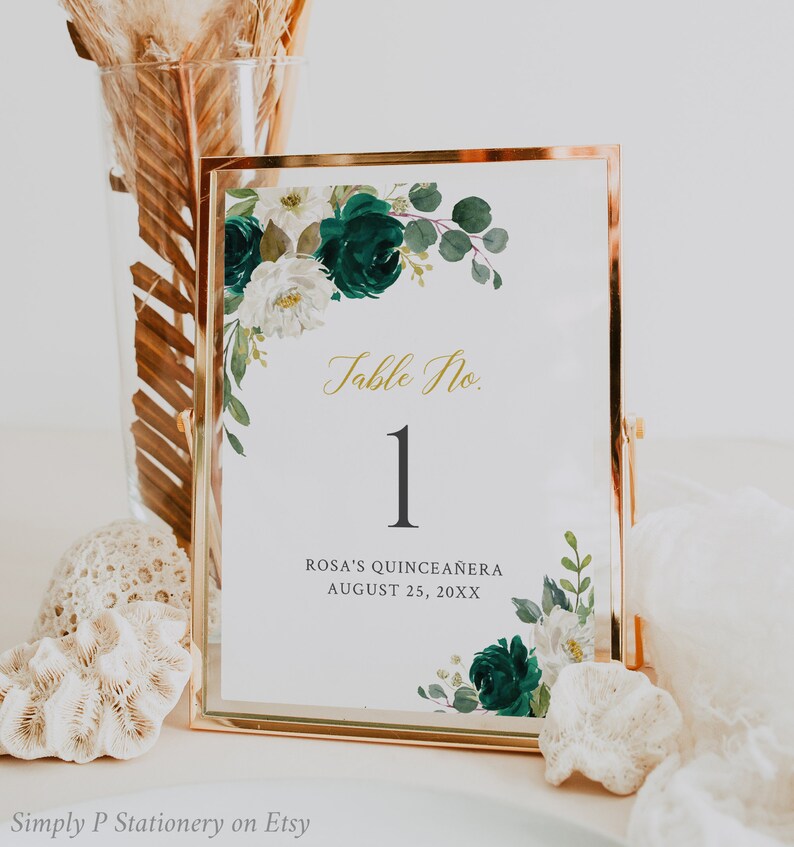 Quinceanera Table Numbers, Emerald Gold Quince Table Number Template ...