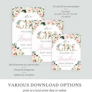Pink Floral Editable It's a Girl Baby Shower Welcome Sign, Blush ...