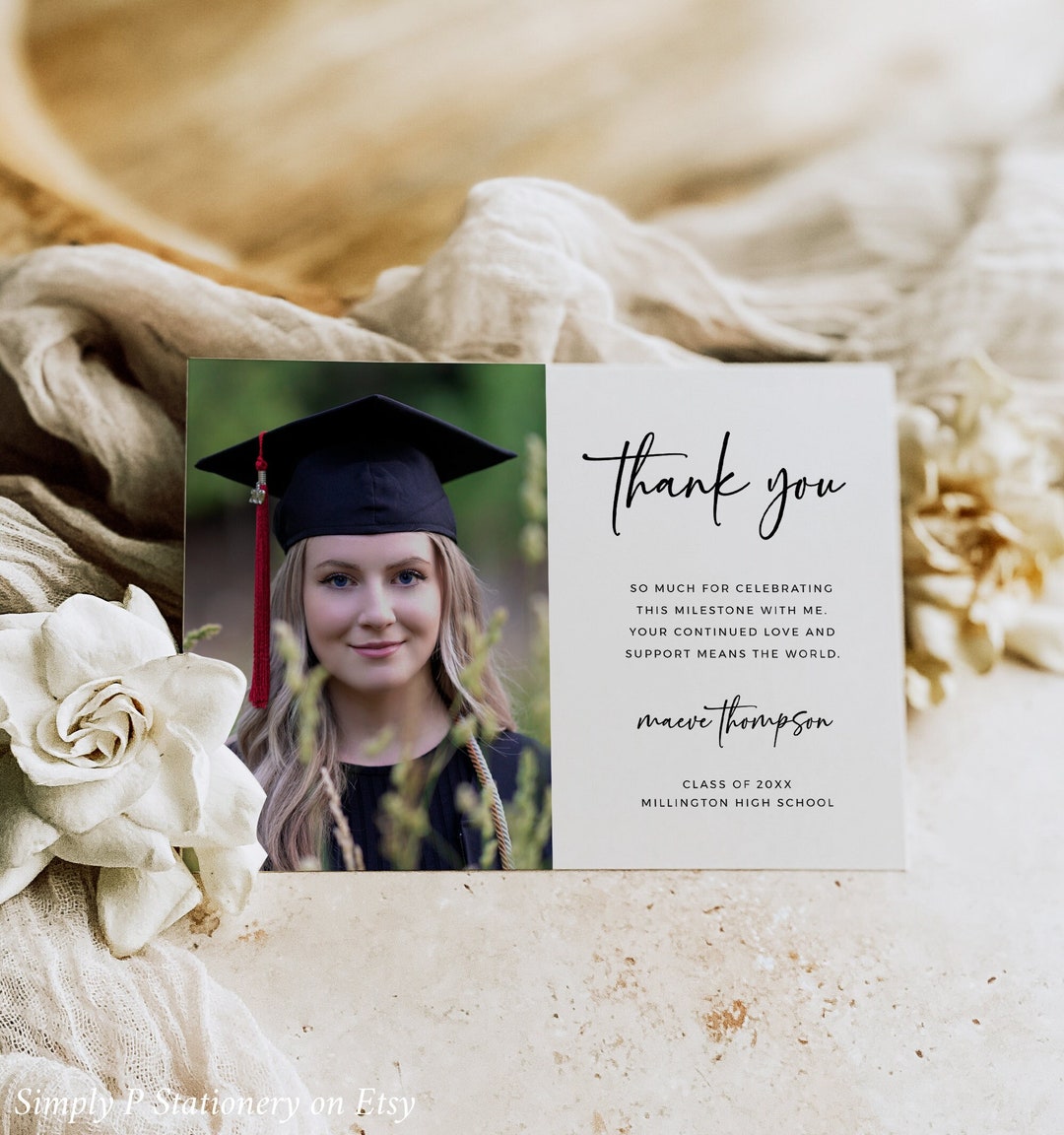 Modern Graduation Thank You Card Template With Photo, Printable Boy or ...