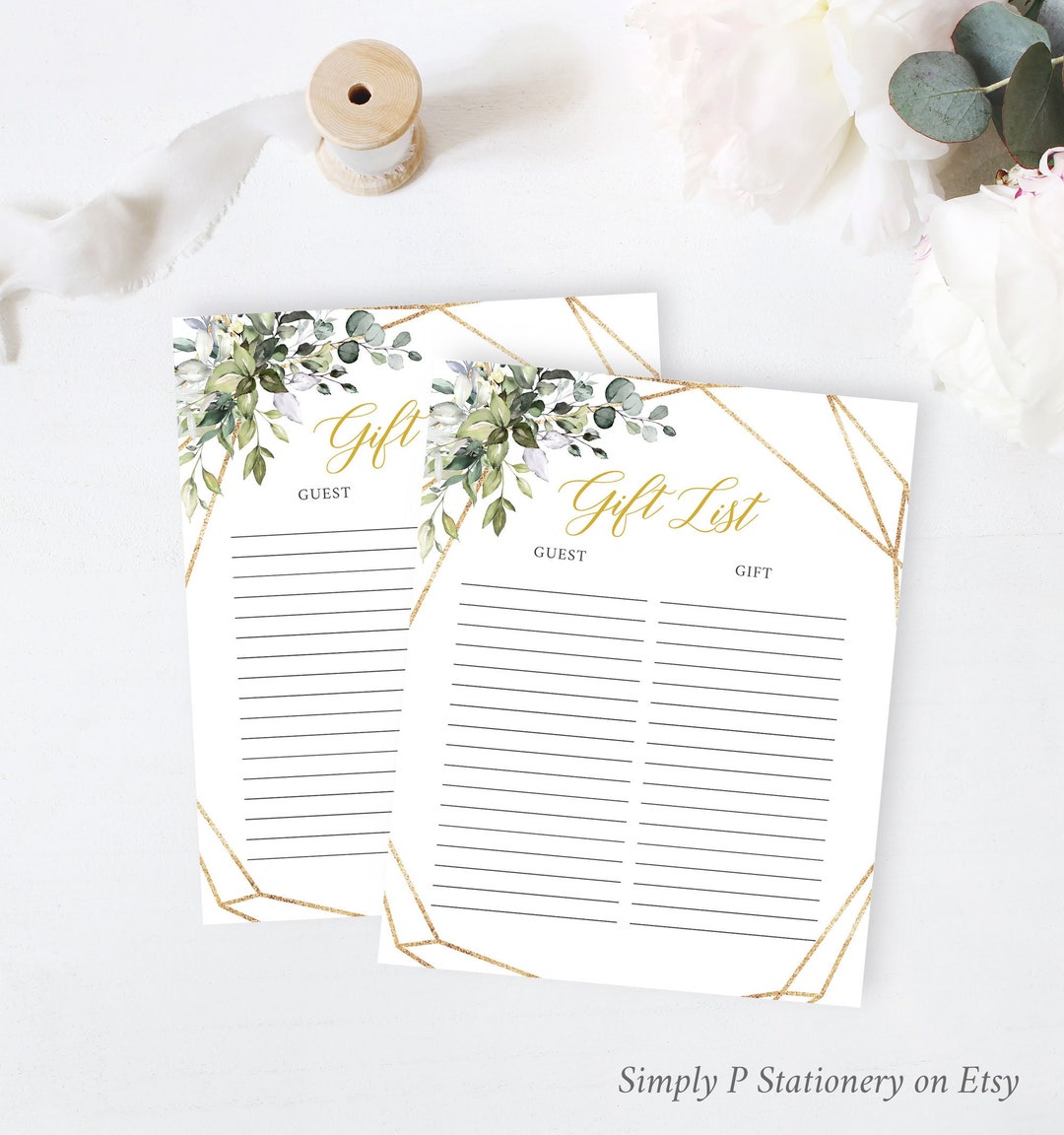 Gold Geometric Foliage Gift List Printable Sheet, Baby Shower Gift List ...