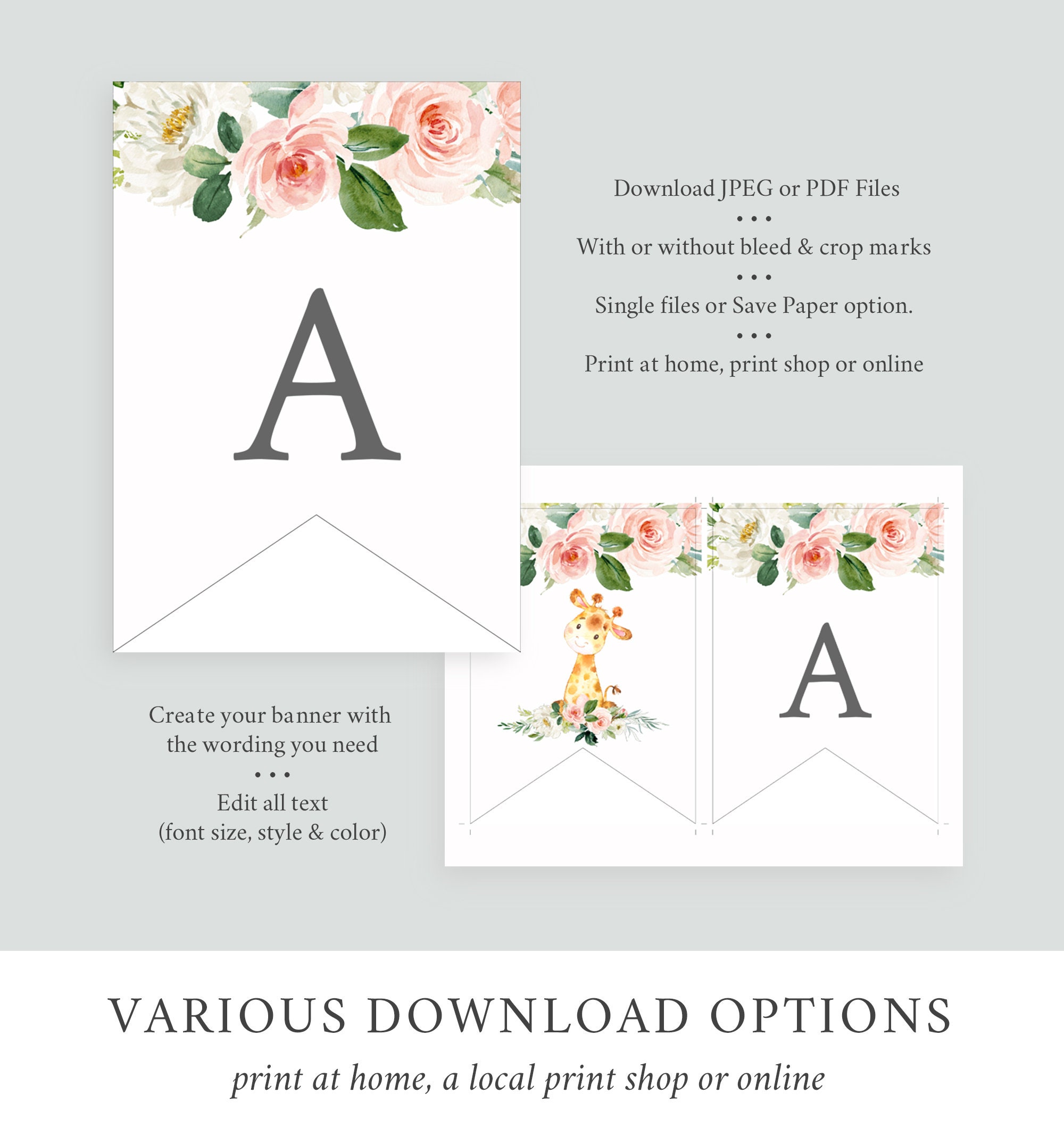 Pink Floral Giraffe Editable Bunting Blush DIY Banner - Etsy