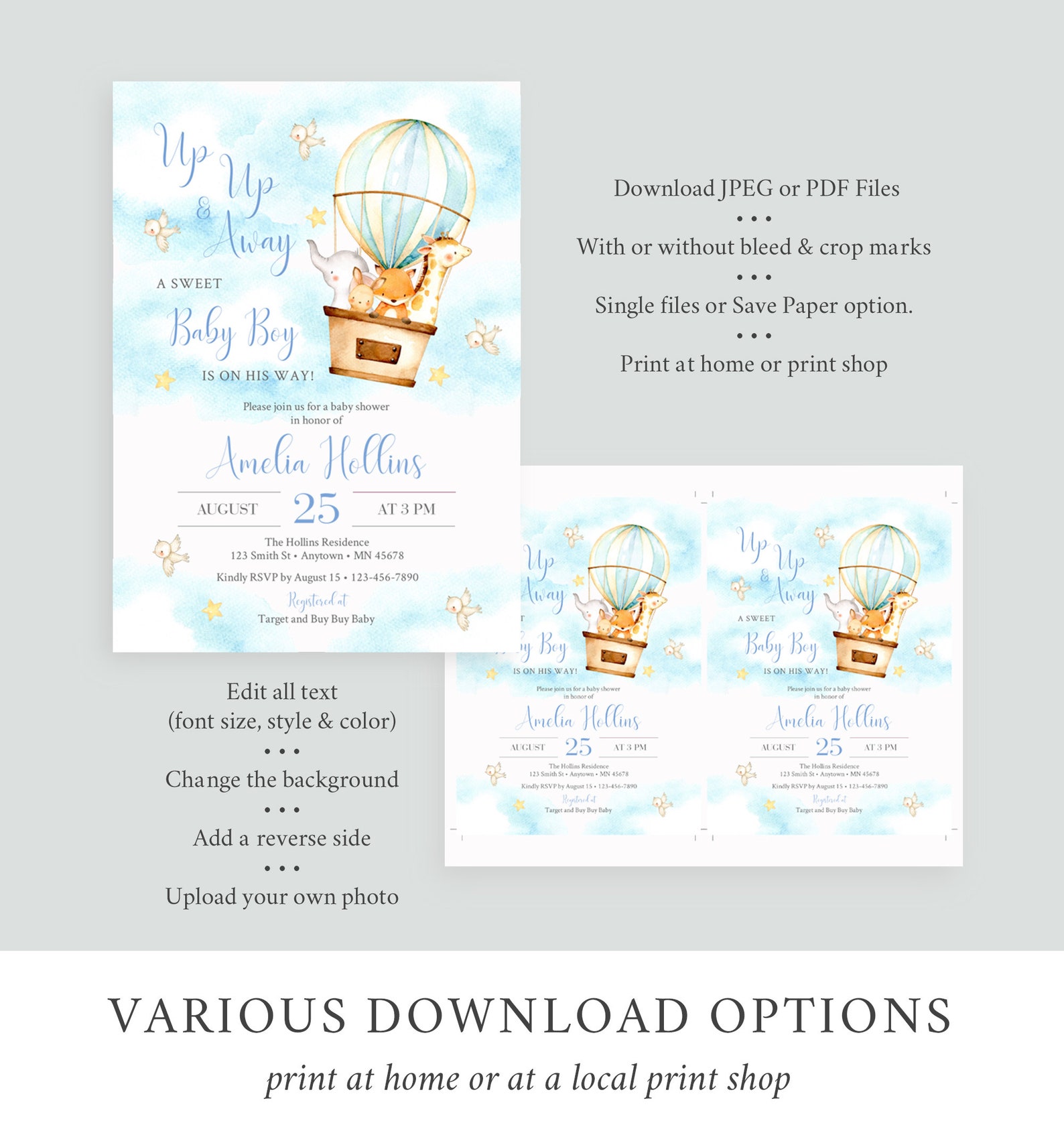 Hot Air Balloon Editable Baby Shower Invitation Printable - Etsy