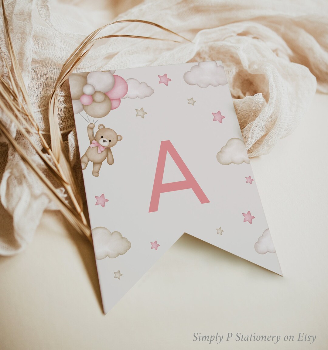 Bear Banner, Teddy Bear Bunting Template, Bear Baby Shower Decor Girl ...