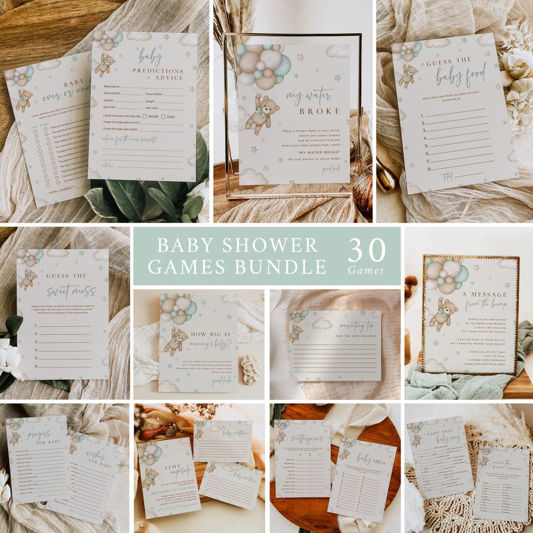 Green Bear Baby Shower Games Pack, We Can Bearly Wait Baby Shower Games Bundle Boy, Gender ...