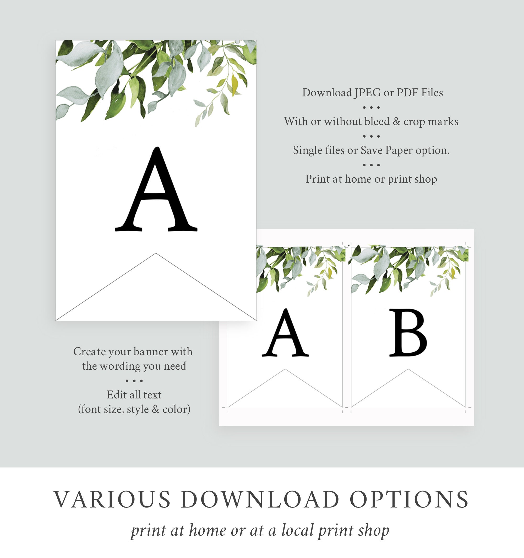 Greenery Editable Bunting, Leaves DIY Banner Template, Foliage Custom ...