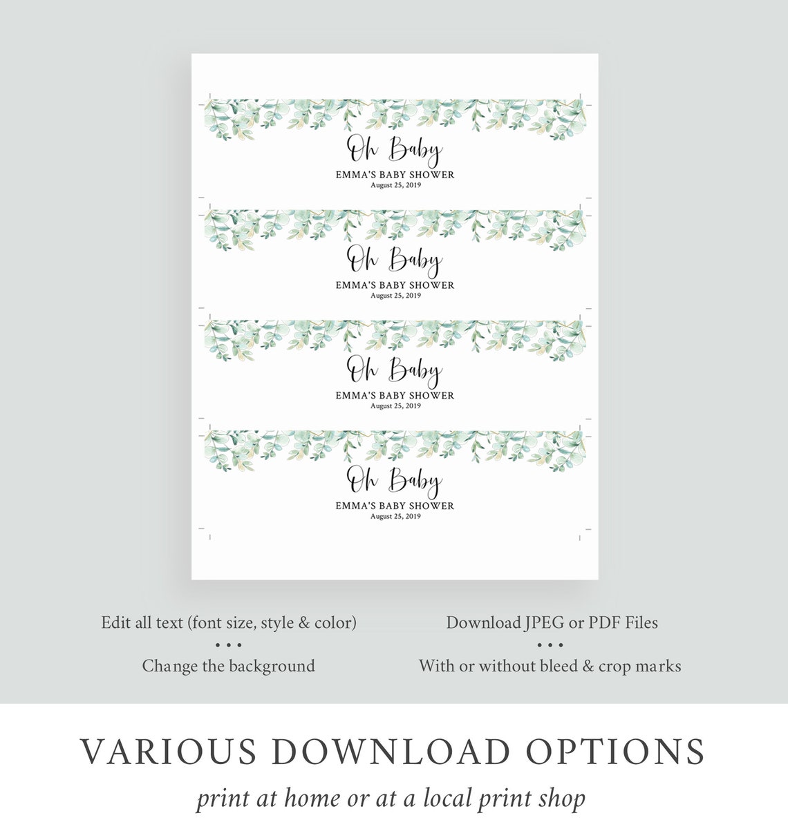 Eucalyptus Editable Personalised Water Bottle Labels Greenery | Etsy