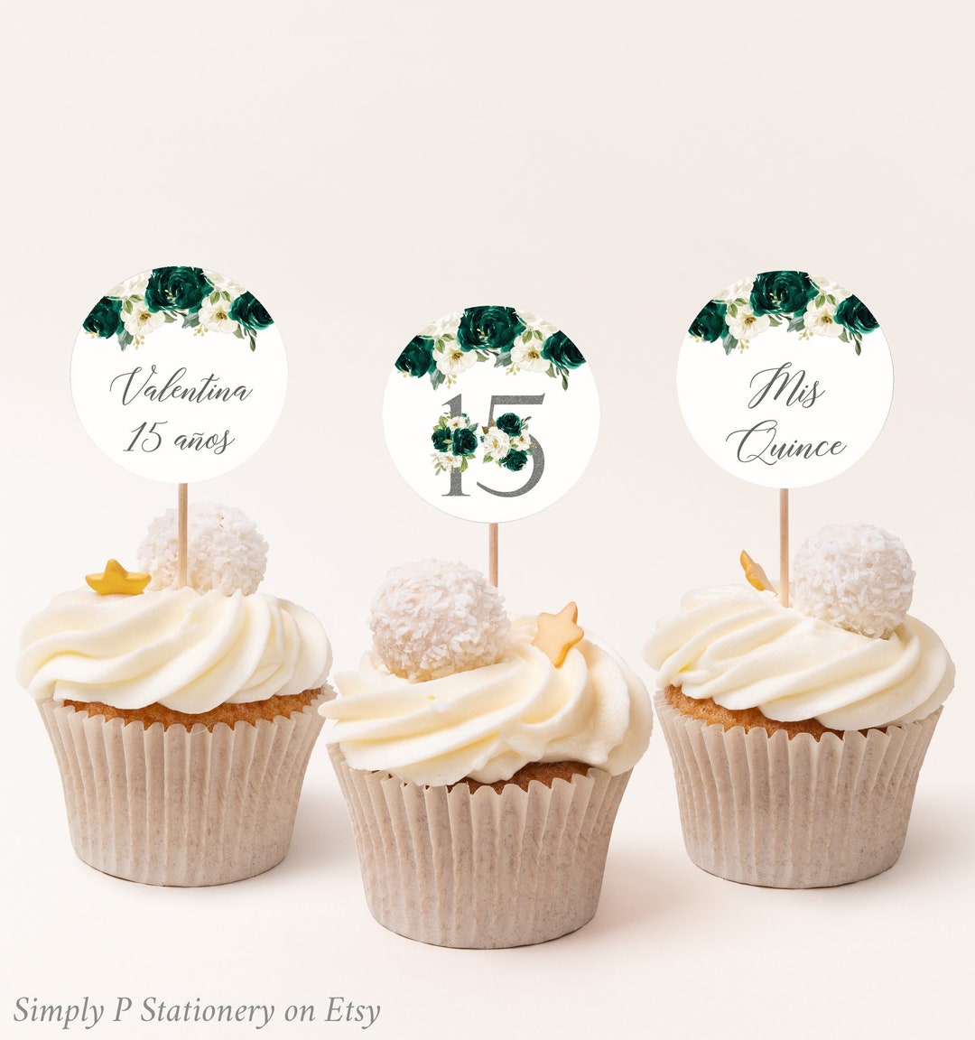 Silver Emerald Editable Cupcake Toppers, Green Floral Printable Cupcake ...