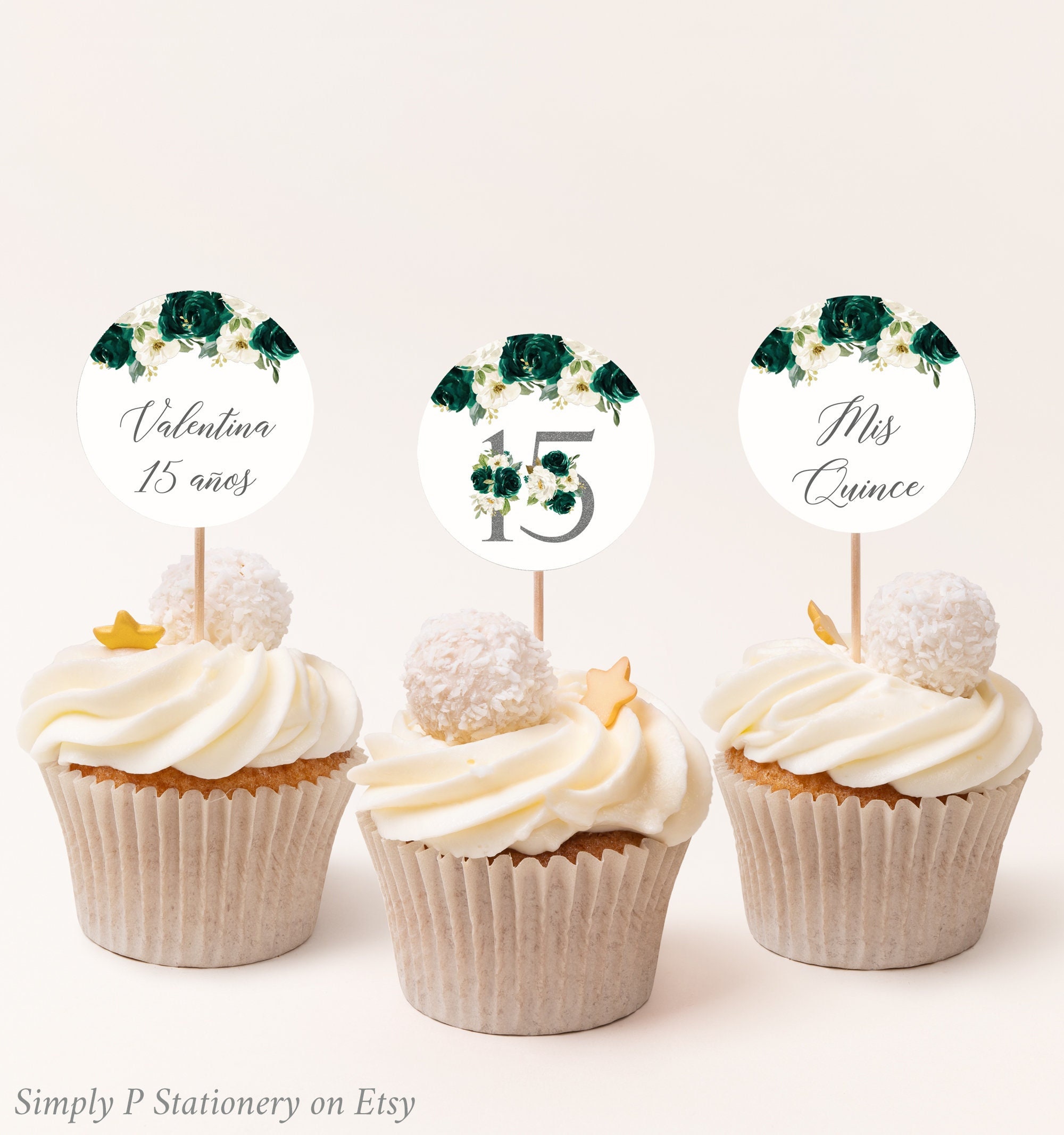 Silver Emerald Editable Cupcake Toppers, Green Floral Printable Cupcake ...
