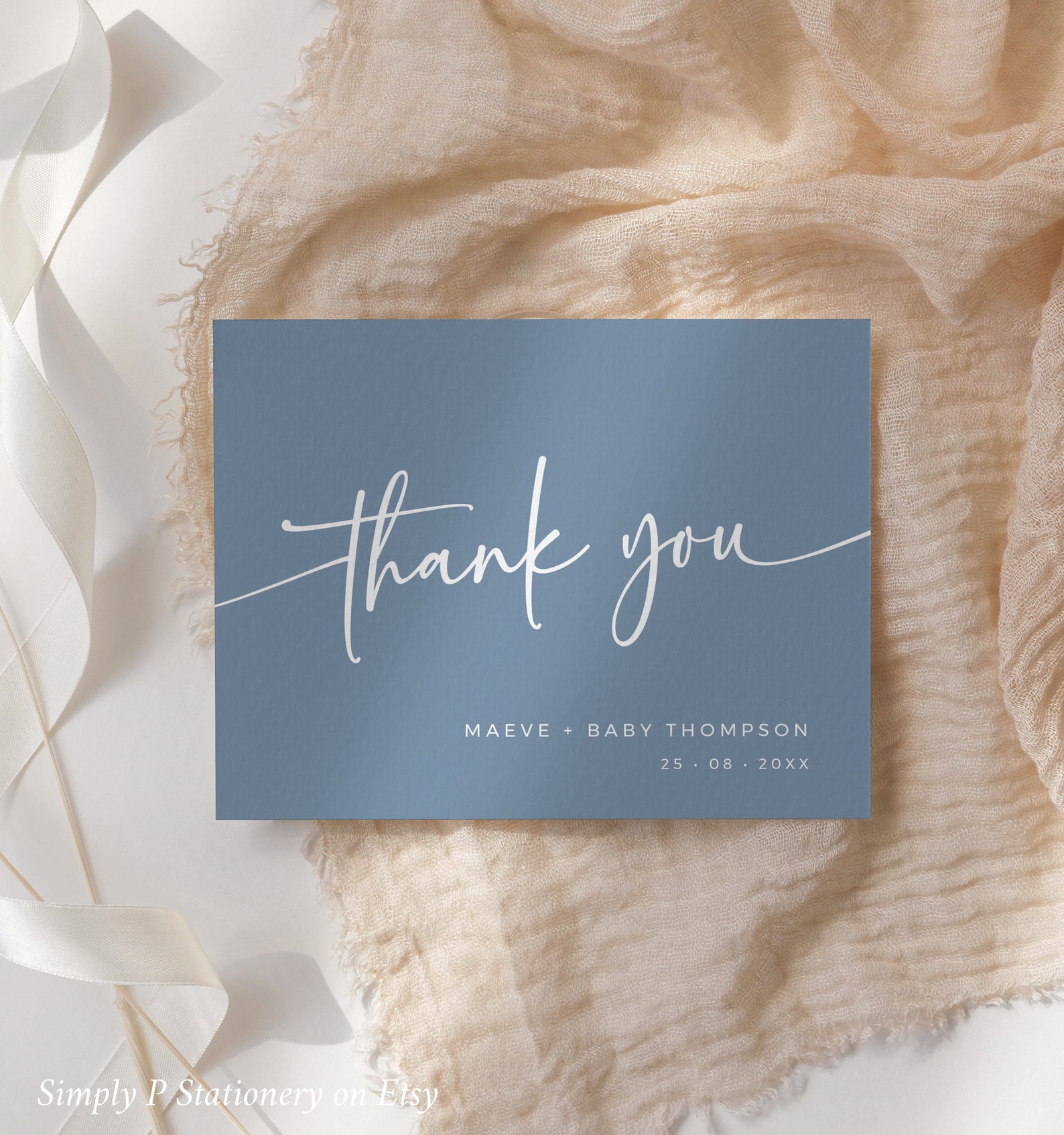 Dusty Blue Thank You Card, Boy Baby Shower Thank You, Modern Thank You ...