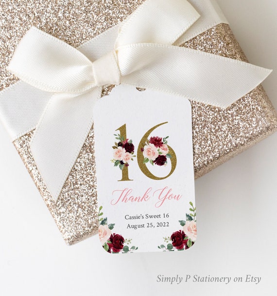Editable Burgundy Blush Gold Sweet 16 Tag Floral Favor Tag - Etsy