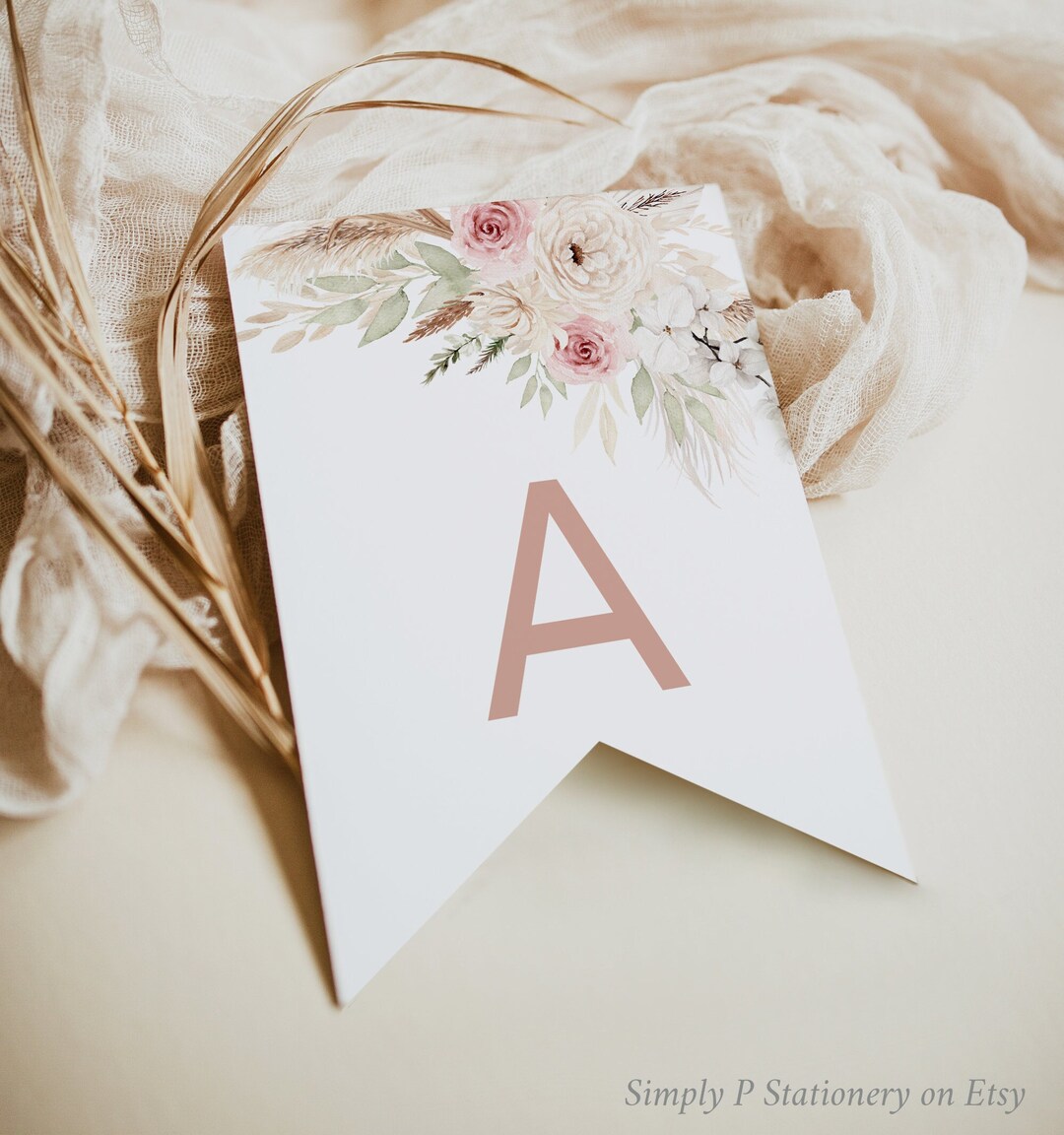 Blush Boho Banner, Pink Bohemian Bunting Template, Pampas Grass Banner ...