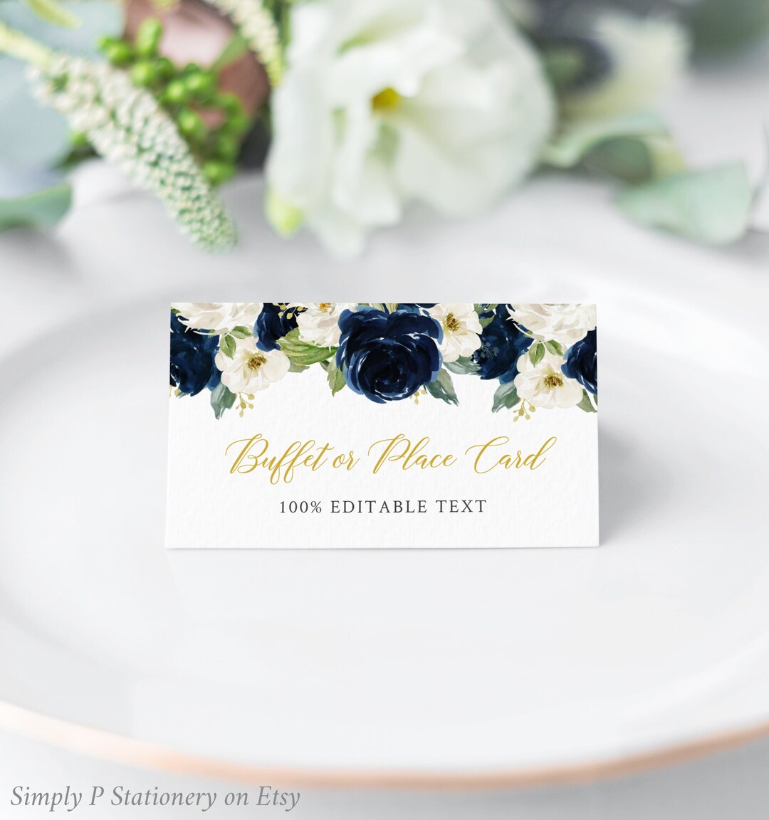 Editable Navy White Gold Floral Buffet Labels, Blue Buffet Label ...