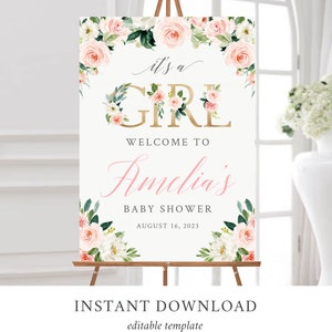 Pink Floral Editable It's a Girl Baby Shower Welcome Sign, Blush ...