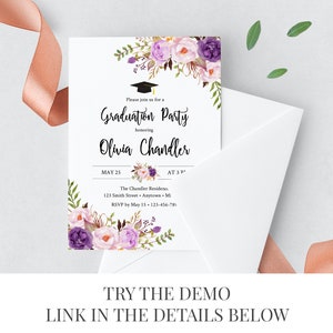 Purple Floral Editable Graduation Party Invitation, Printable Invite ...