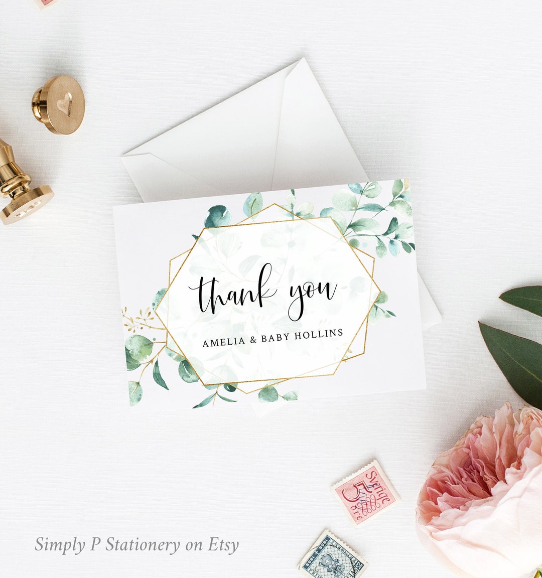 Eucalyptus Gold Geometric Editable Thank You Card, Printable Greenery ...