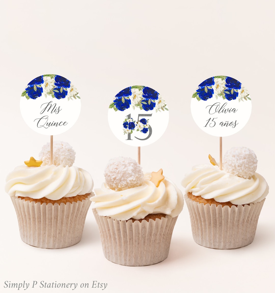 Royal Blue Silver Editable Cupcake Toppers, Blue Floral Printable ...