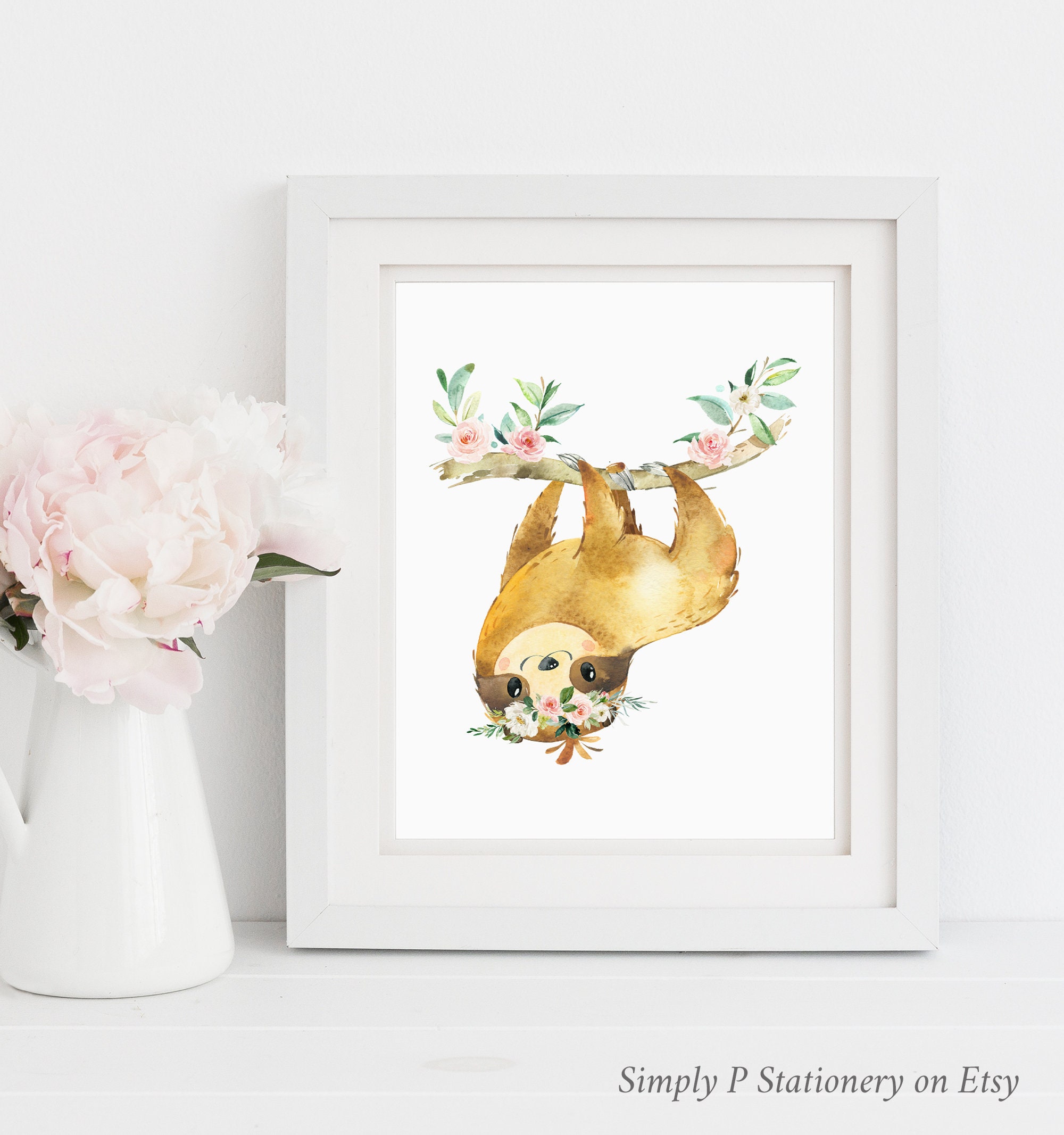 Blush Floral Sloth Printable Nursery Art Sloth Nursery Decor | Etsy