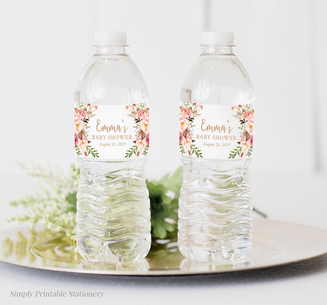 Rose Gold Editable Personalised Water Bottle Labels, Boho Floral DIY ...