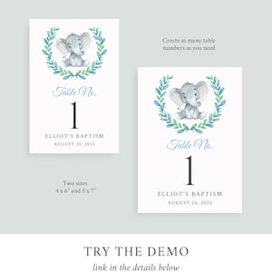 Blue Elephant Editable Table Numbers, Printable Baptism Table Number ...