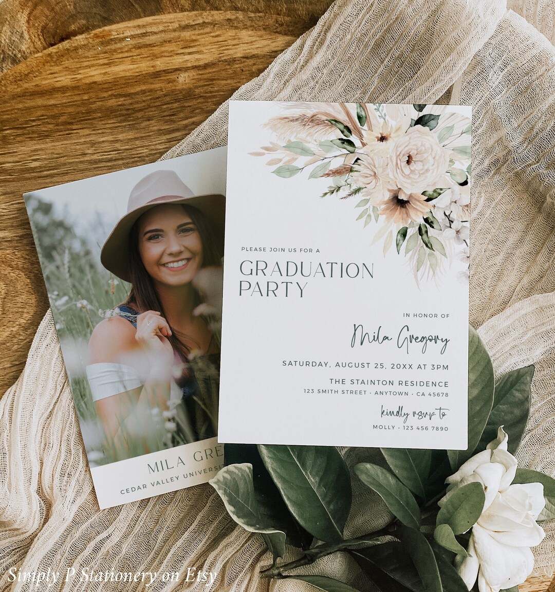 Sage Boho Graduation Party Invitation Pampas Grass Bohemian - Etsy