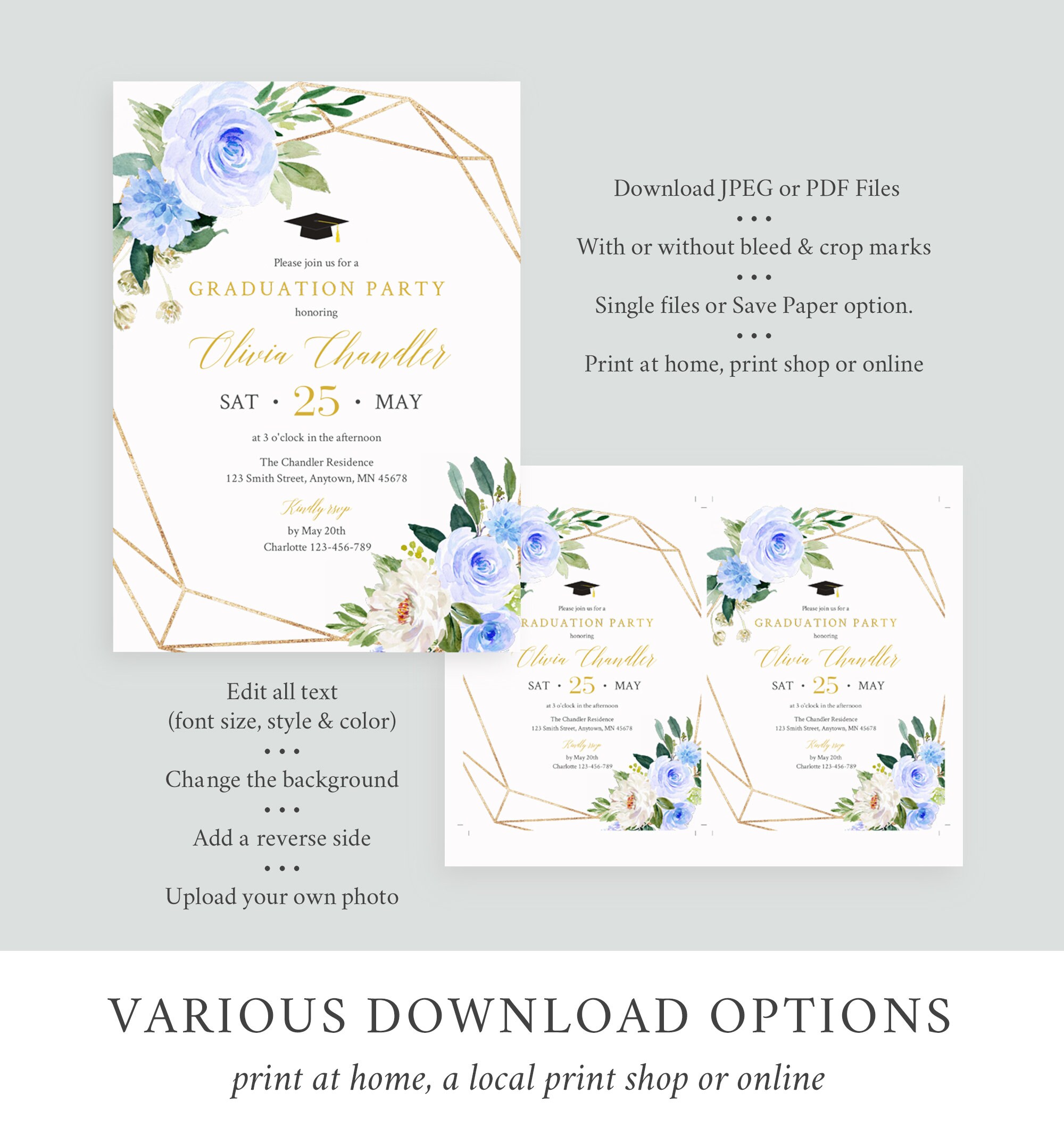 Blue Gold Geometric Editable Graduation Party Invitation Blue - Etsy